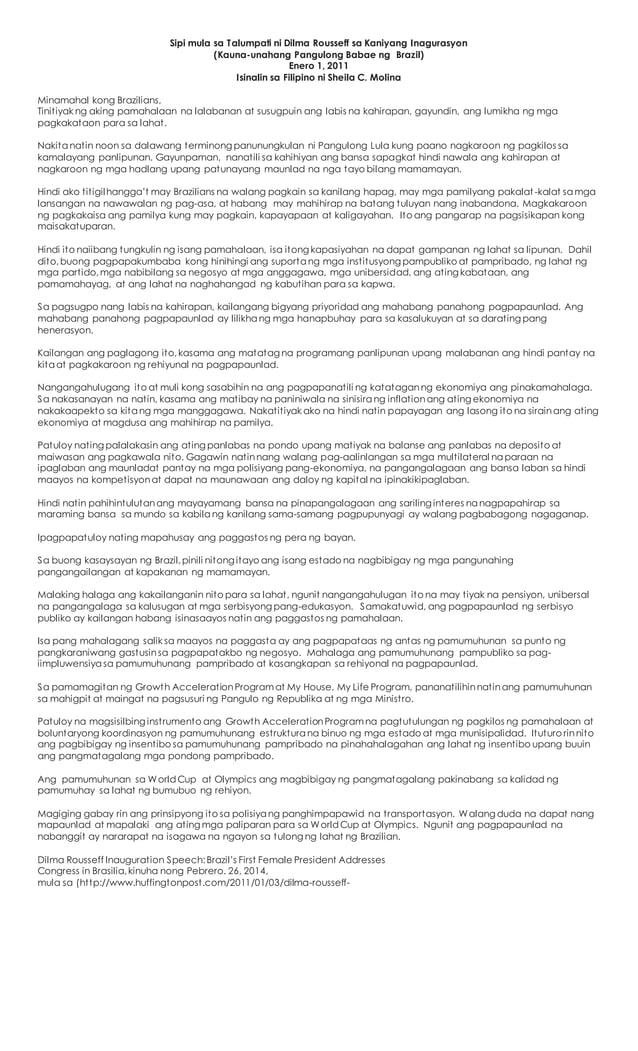 Sipi mula sa talumpati ni dilma rousseff sa kaniyang inagurasyon | DOCX