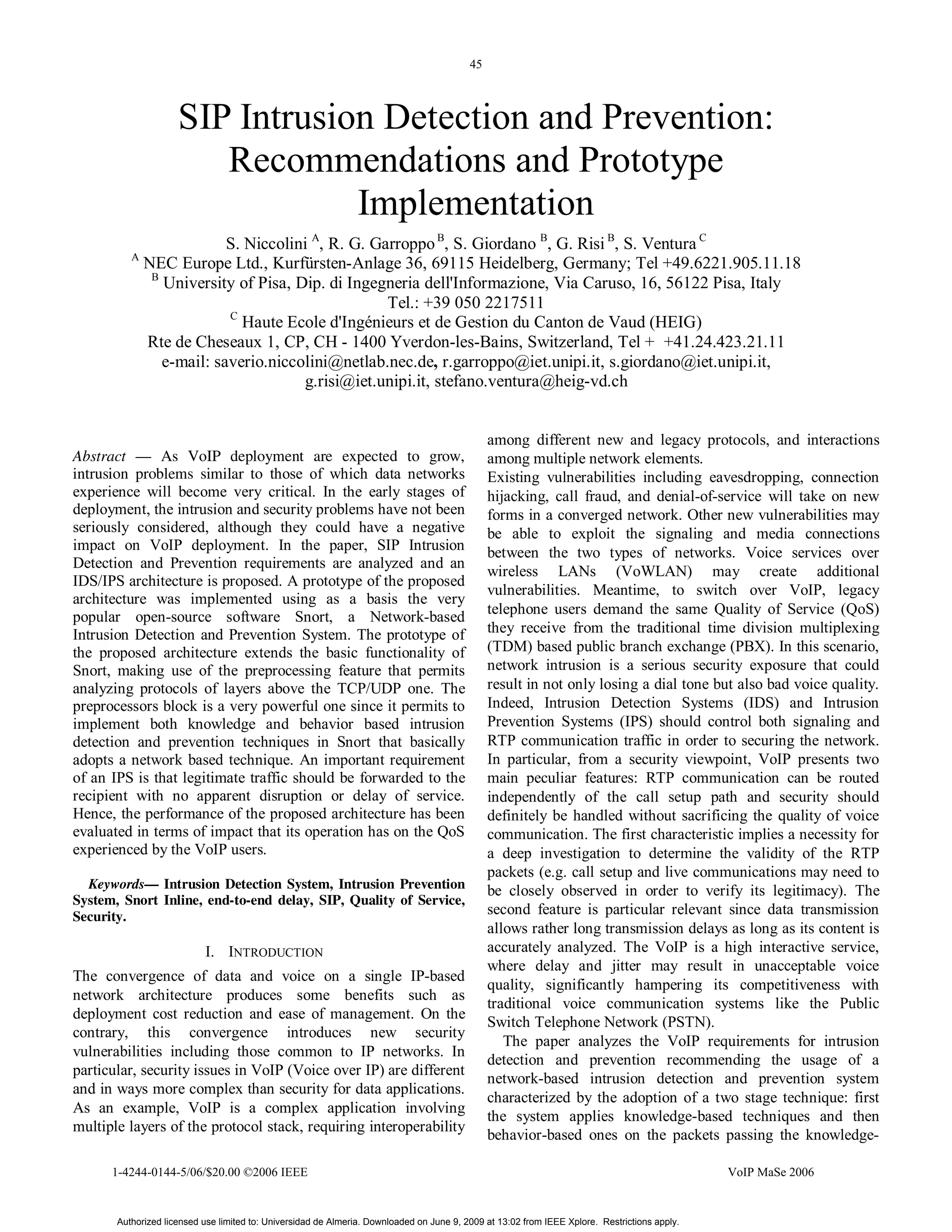 Sip Intrusion Detection And Prevention Recommendations And Prototype Implementation | PDF