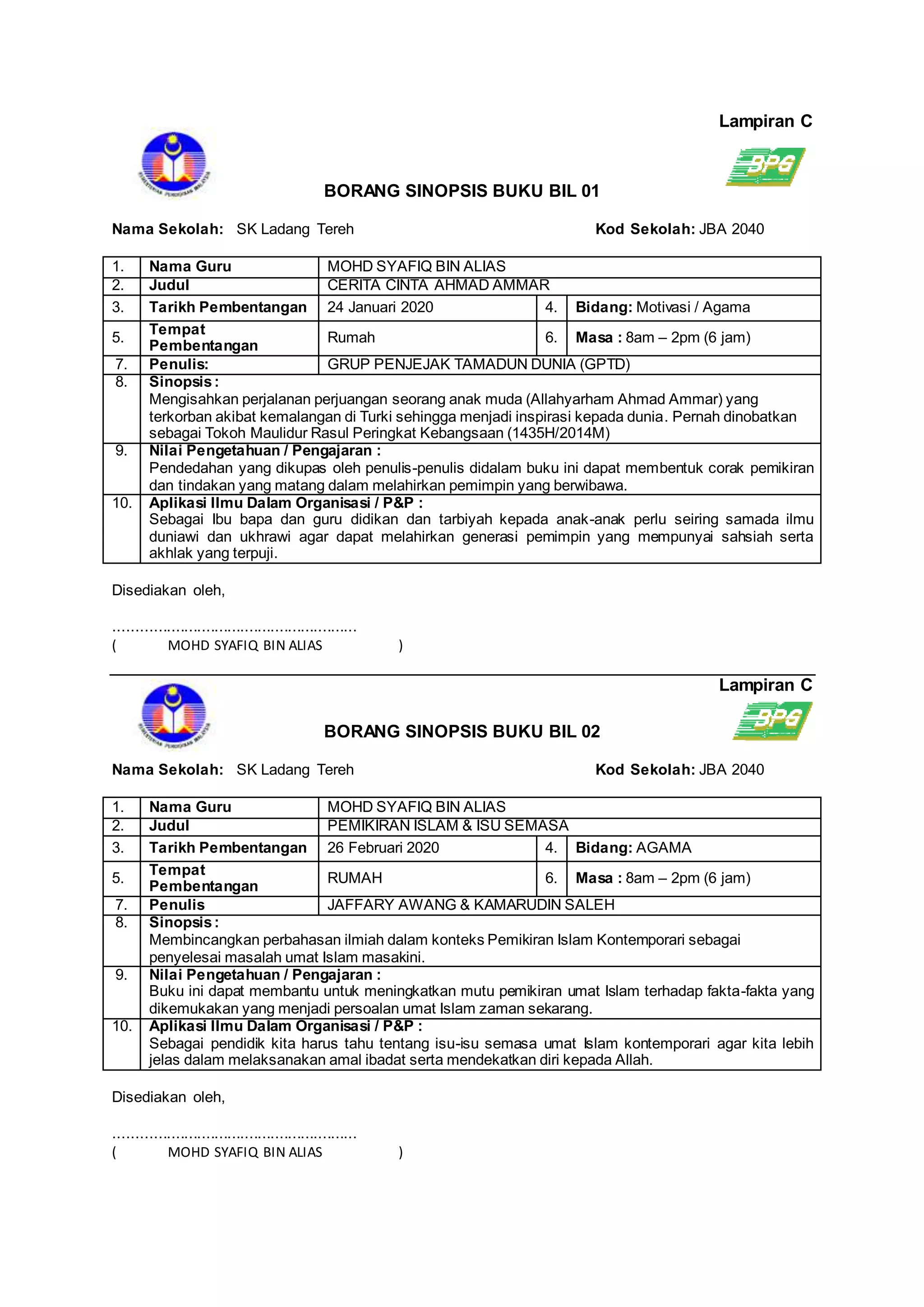 Sipnosis 6 buah buku mohd syafiq bin alias | DOC