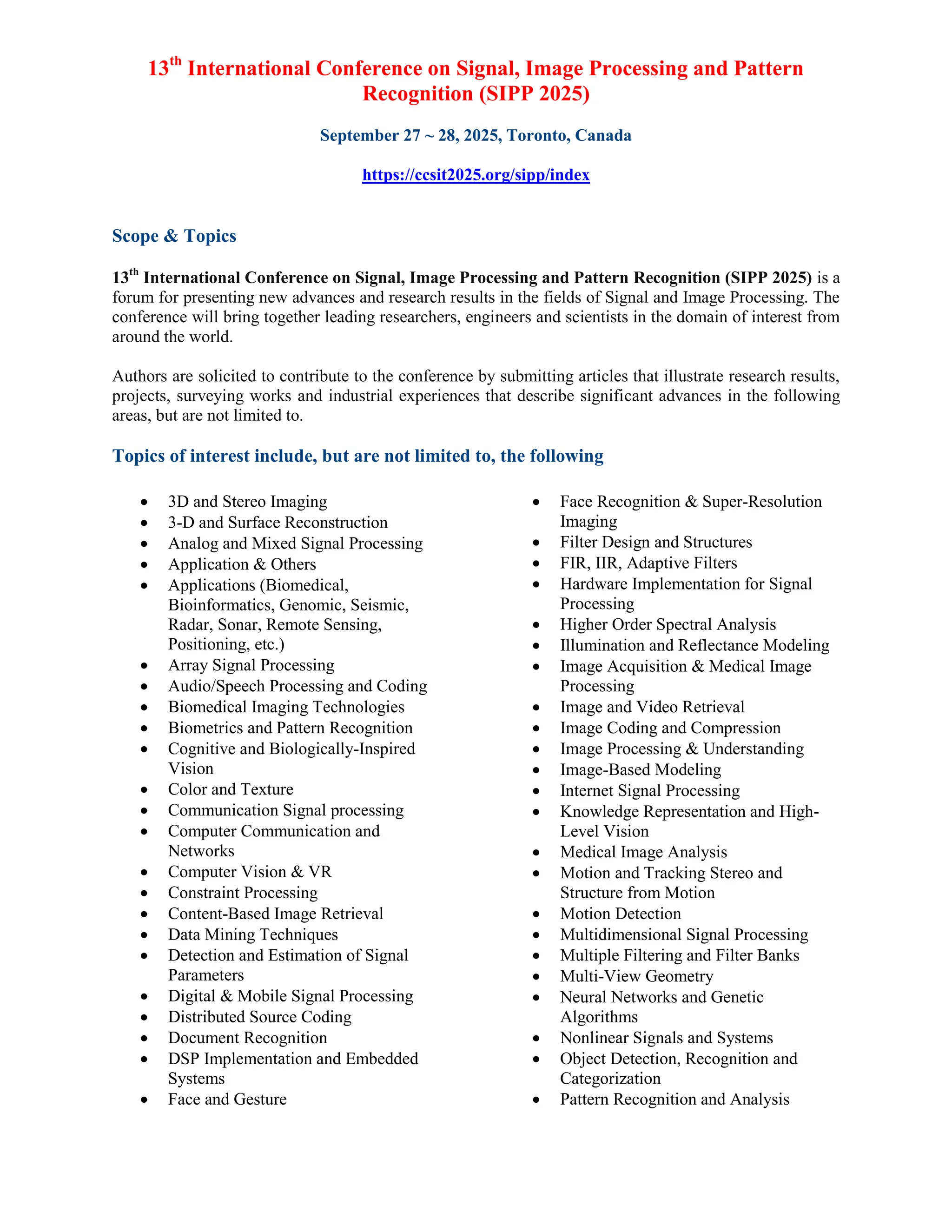 13th International Conference on Signal, Image Processing and Pattern Recognition (SIPP 2025) | PDF