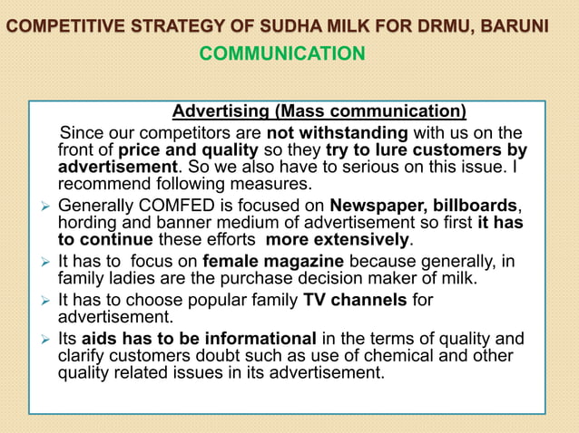 To develop a competitive strategy of Sudha milk for DRMU,Baruni (COMFED) | PPTX