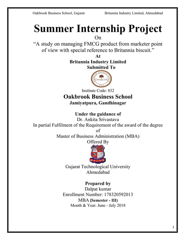 Summer Internship Project MBA at Britannia Industry Limited | PDF