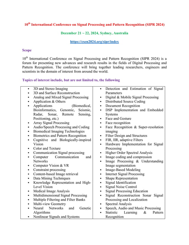 10th International Conference on Signal Processing and Pattern Recognition (SIPR 2024) | PDF