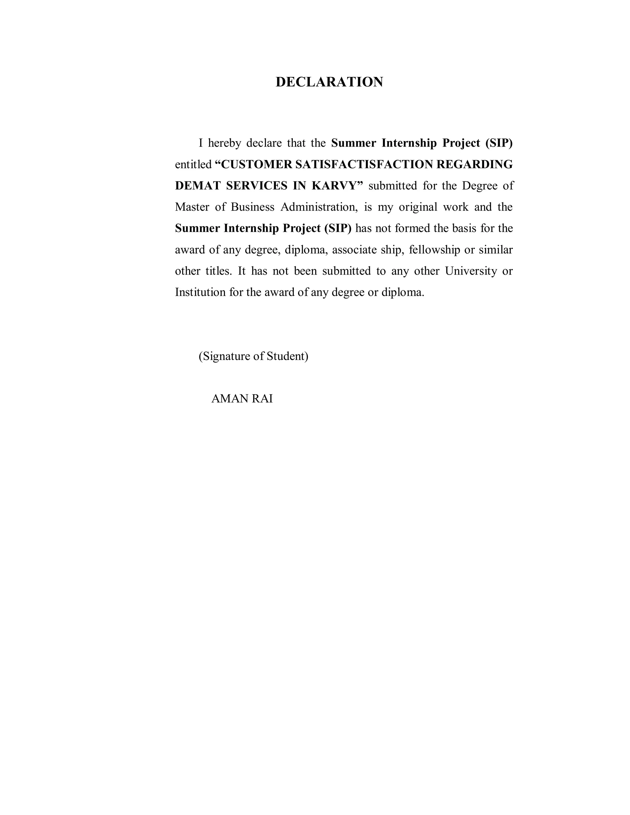 Summer Internship Project Report for KARVY | PDF