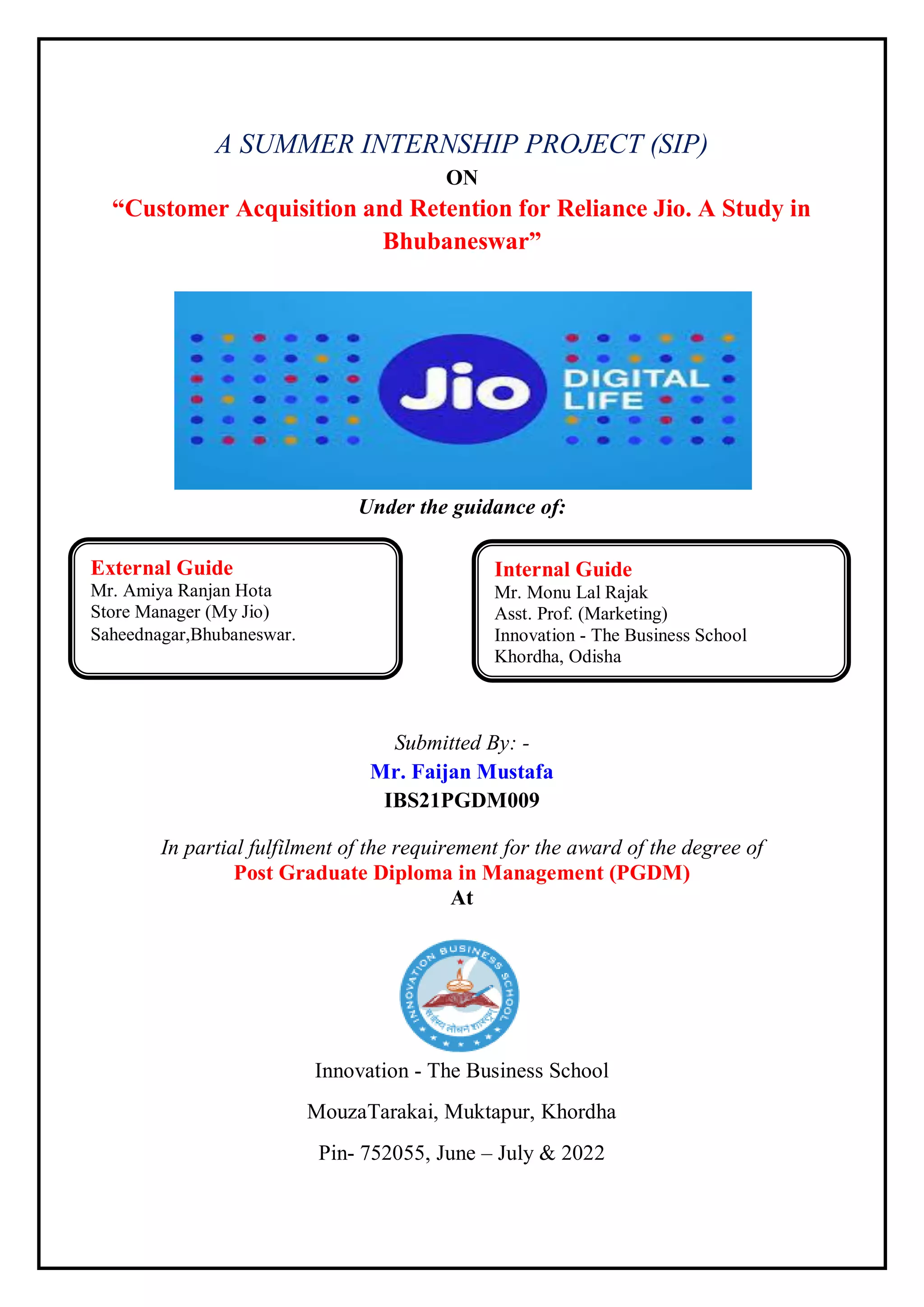 SIP Report on Customer Acquisition and Retention for Reliance Jio,By ...