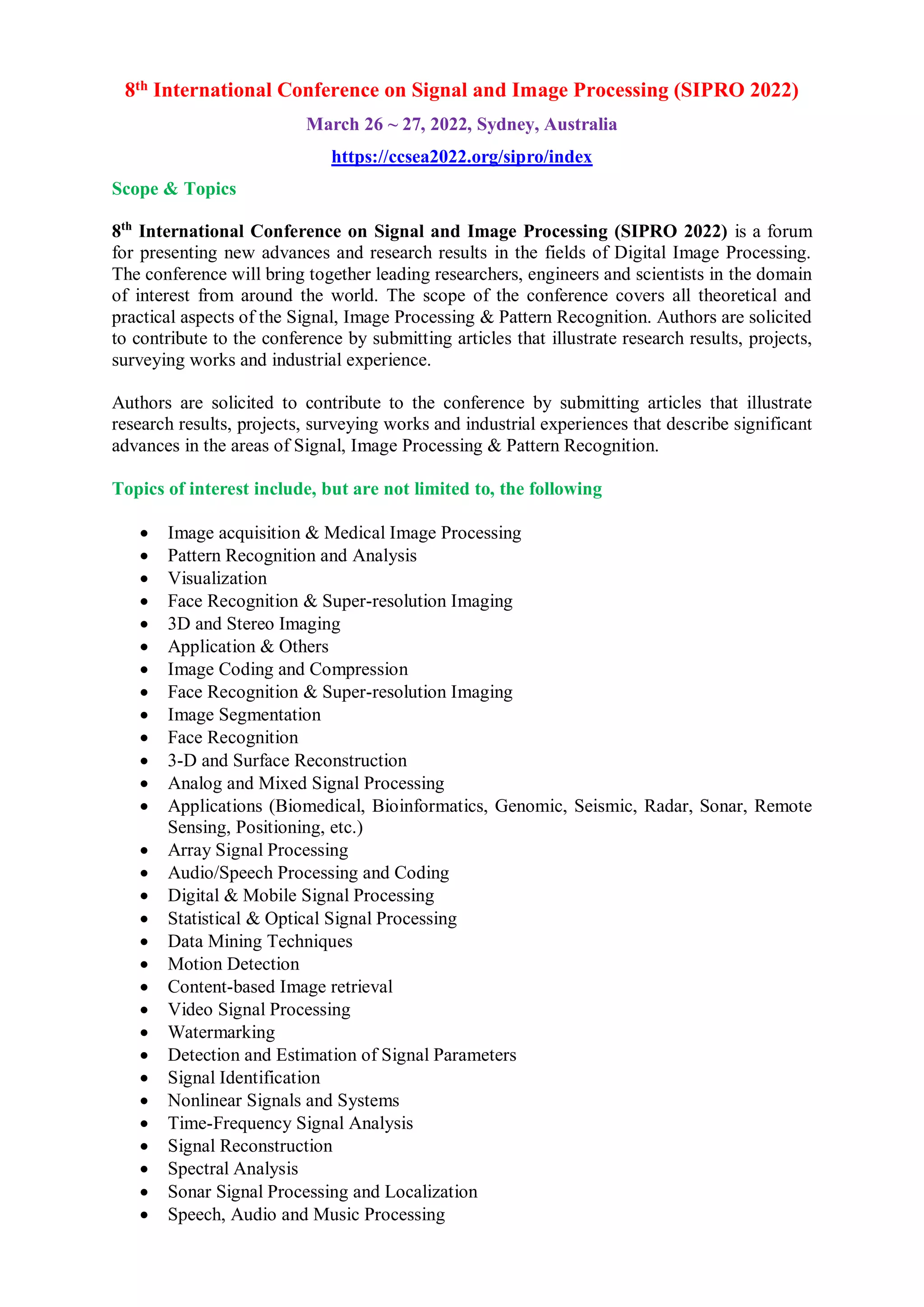 8th International Conference on Signal and Image Processing (SIPRO 2022 ...
