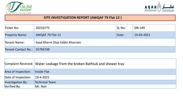 SIR 149-AWQAF 79 Flat 12 site inspection report format for reference | PPT