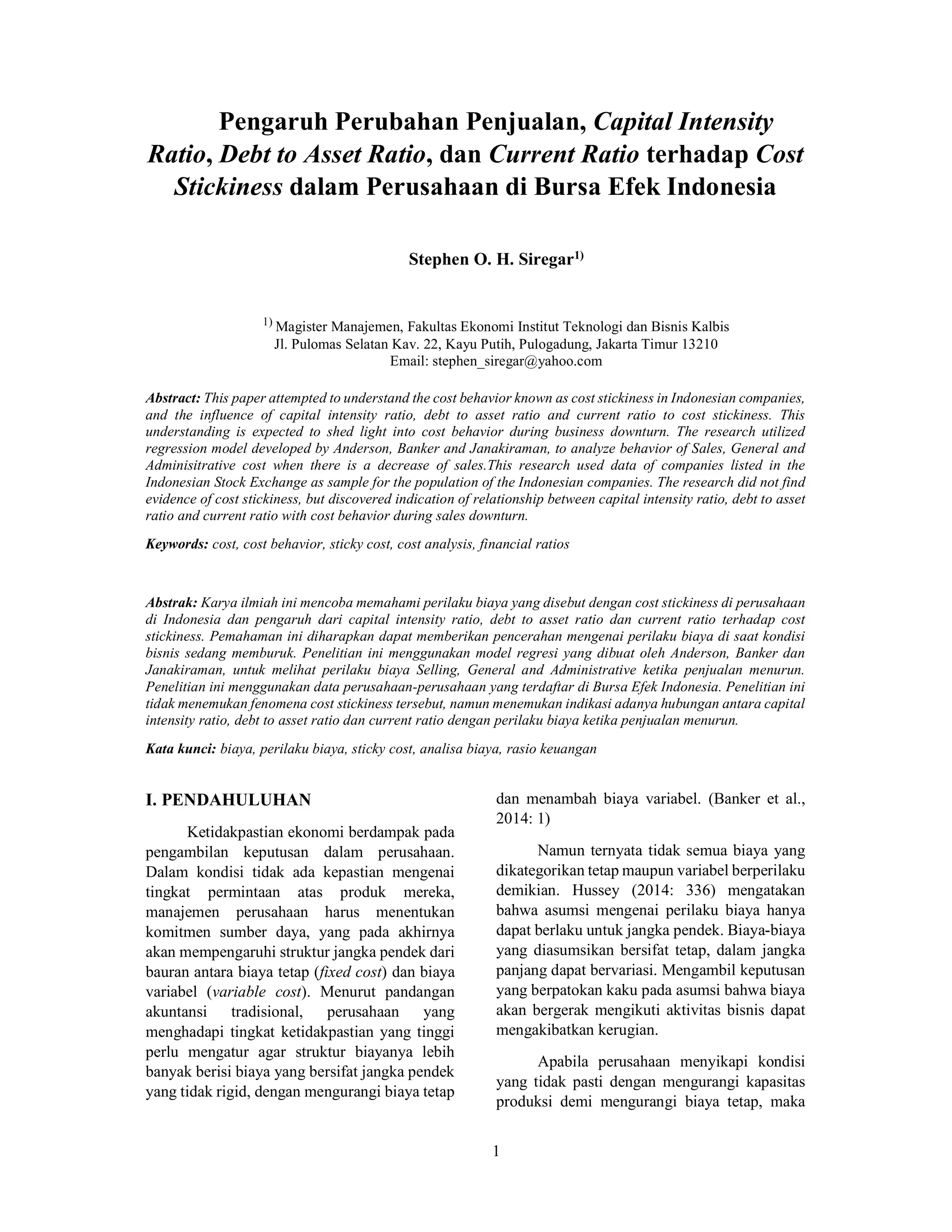 Pengaruh Perubahan Penjualan, Capital Intensity Ratio, Debt to Asset Ratio dan Current Ratio ...