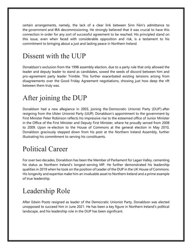 Jeffrey Donaldson: Key Policies and Positions | Trendos | PDF