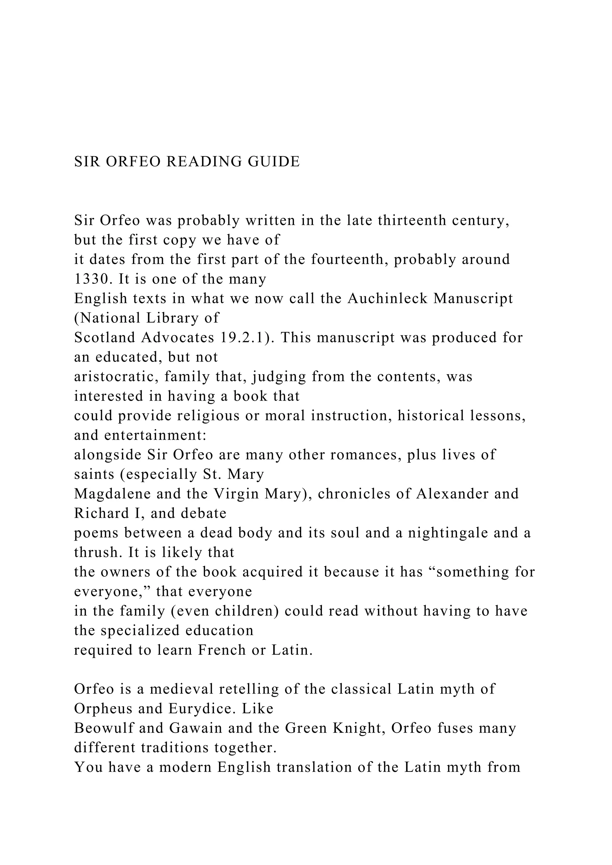 SIR ORFEO READING GUIDE Sir Orfeo was probably written .docx