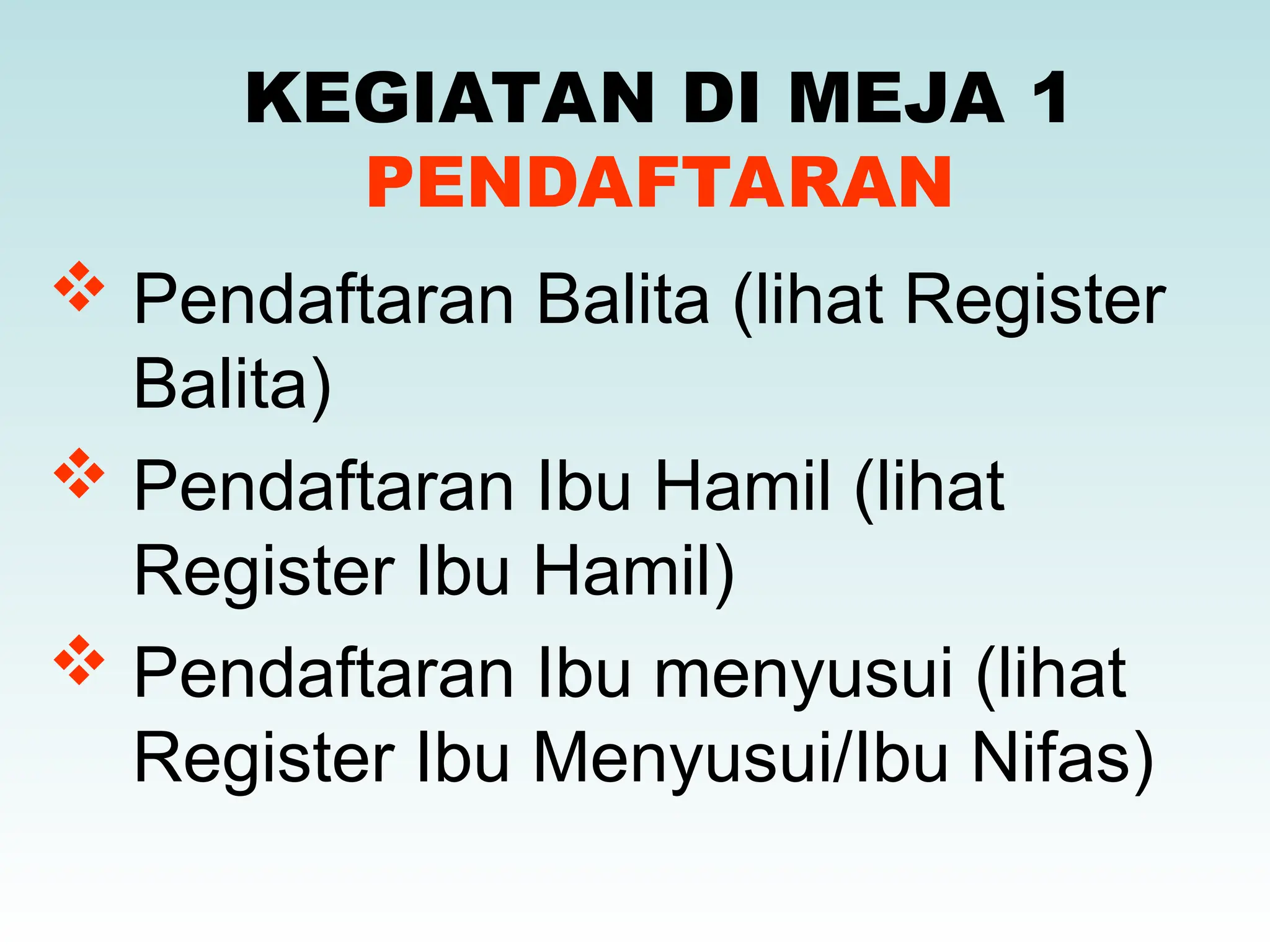 SISTEM 5 MEJA DALAM POSYANDU MEJA 1 PENDAFTARAN | PPT