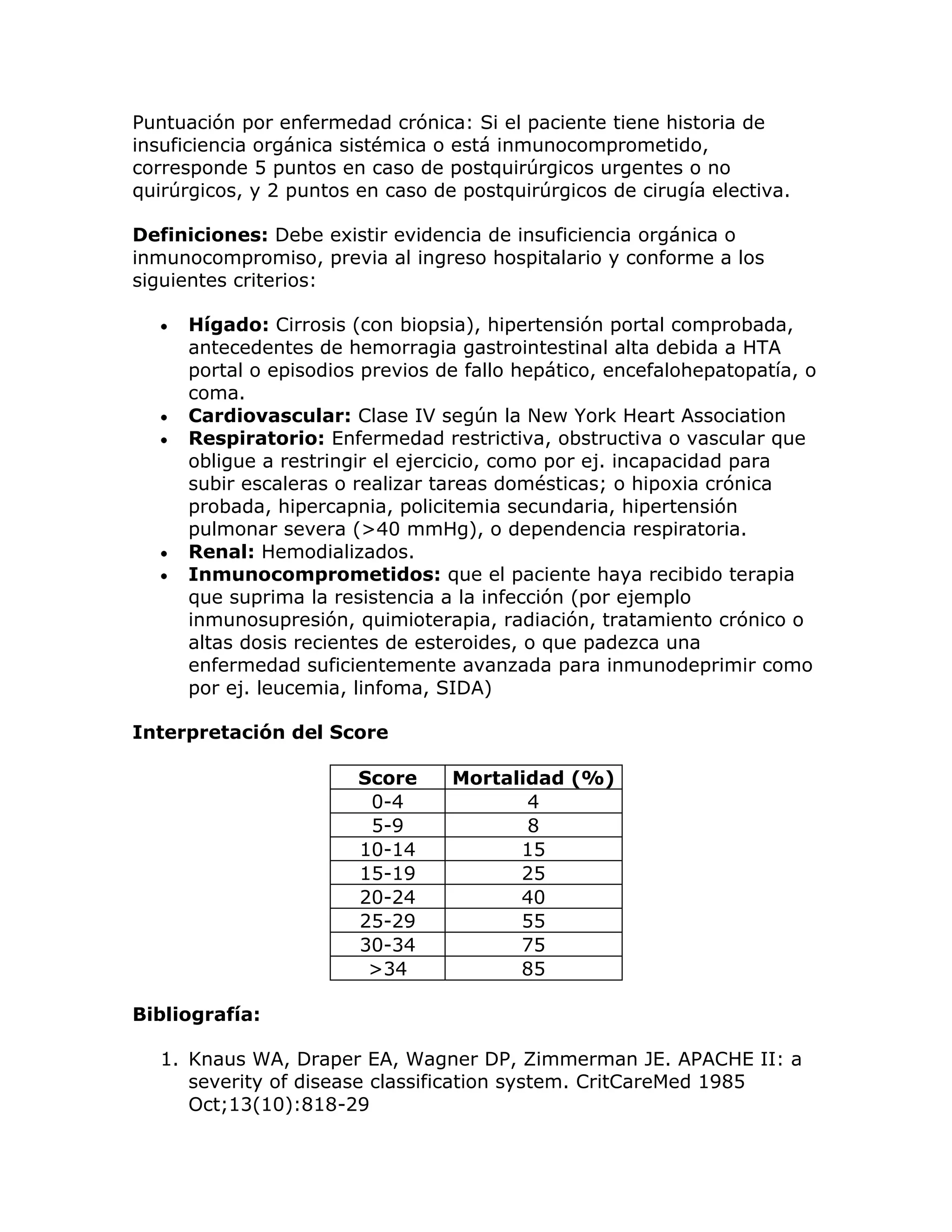 Sistema de clasificación de severidad de enfermedad apache ii | DOCX