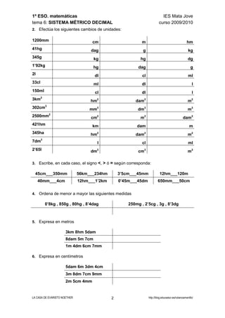 Sistema metrico ejercicios | PDF
