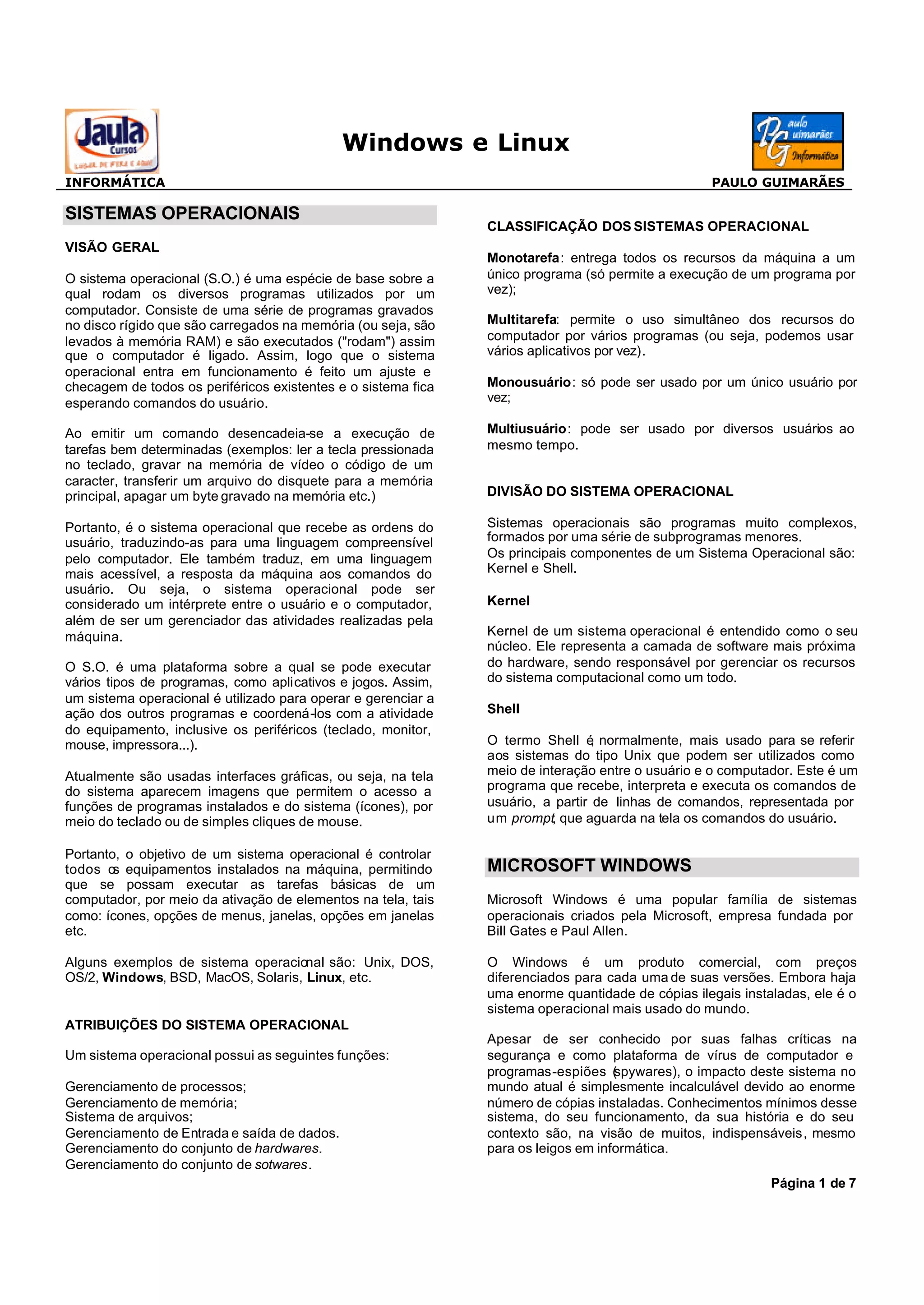 Sistemas Operacionais (Windows X Linux) | PDF