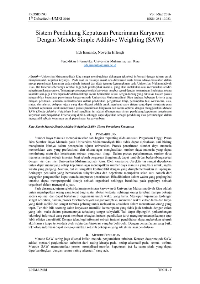 Sistem Pendukung Keputusan Penerimaan Karyawan Dengan Metode Simple Additive Weighting (SAW) | PDF