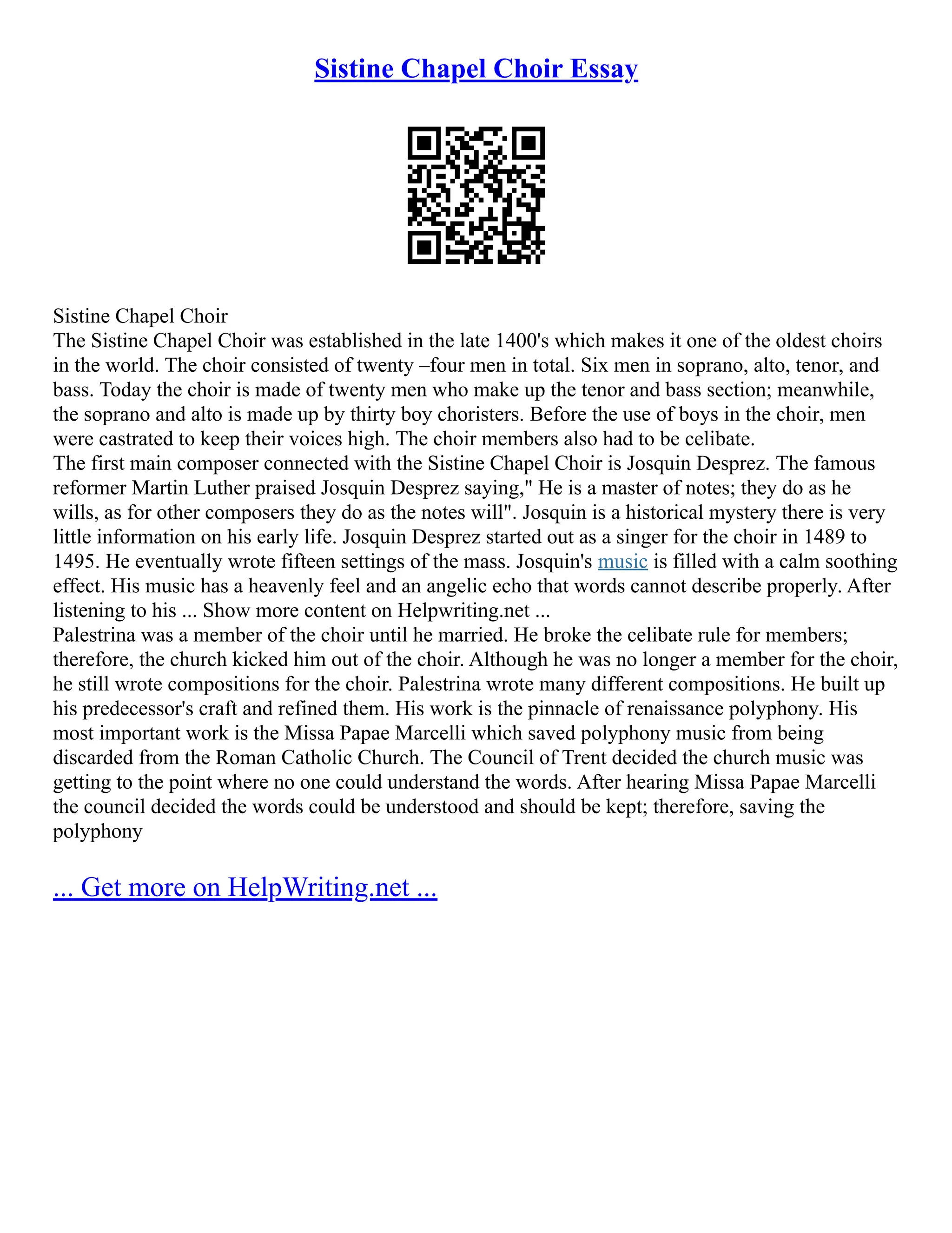 Sistine Chapel Choir Essay | PDF