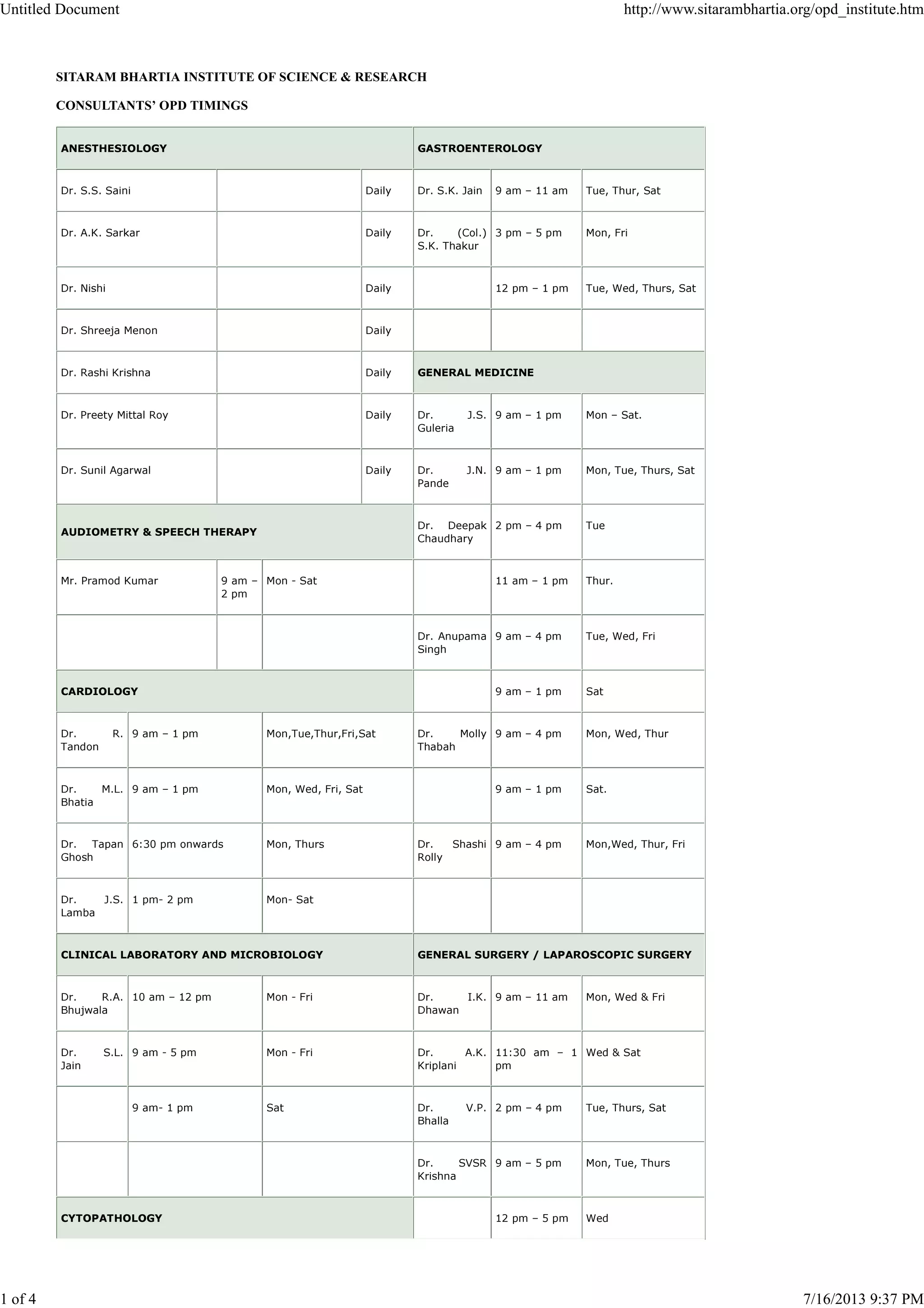 Sitarambhartiya doctors opd_schedule | PDF