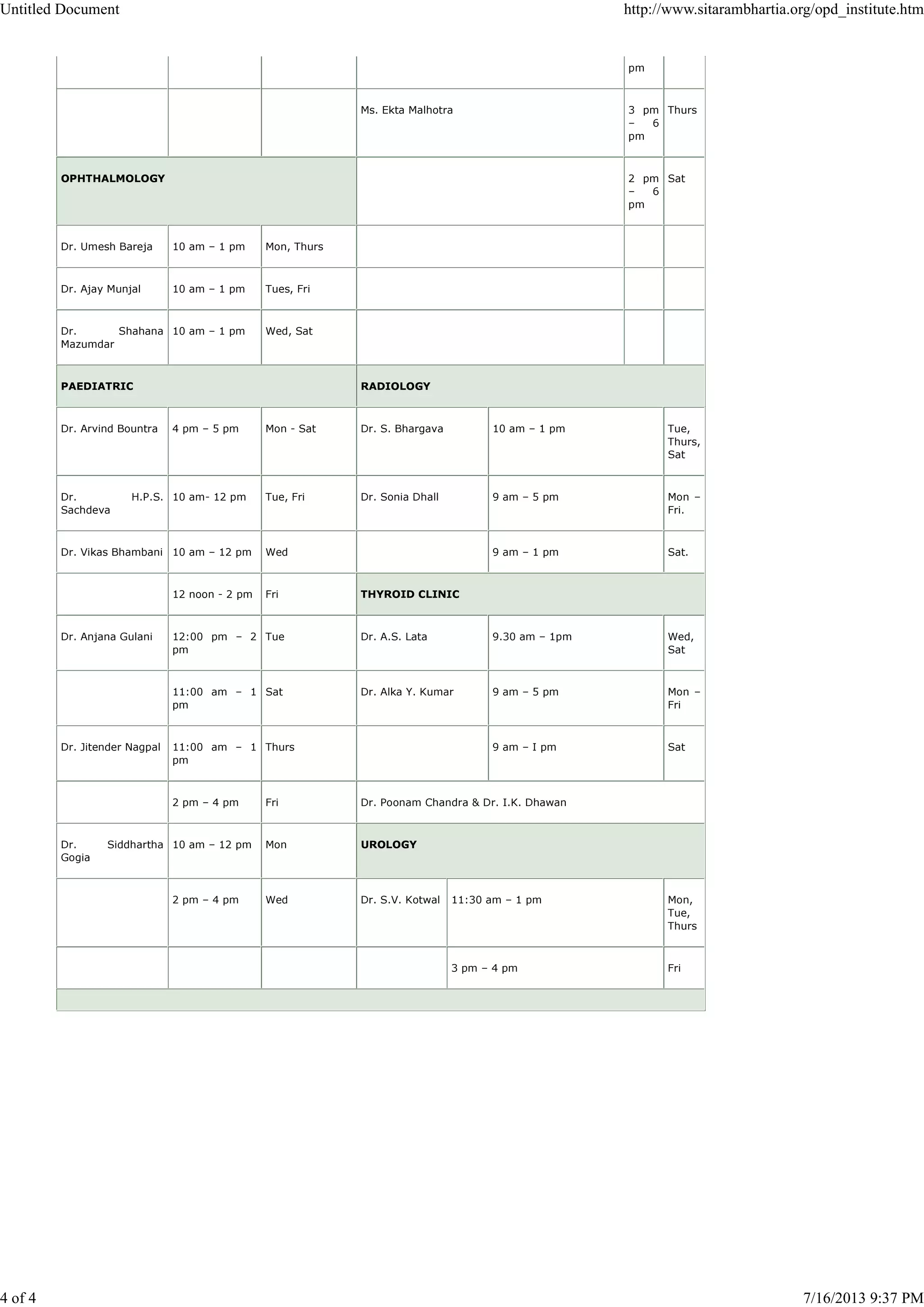 Sitarambhartiya doctors opd_schedule | PDF