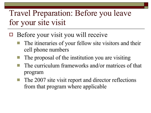 Site Visits Travel Preparation | PPT
