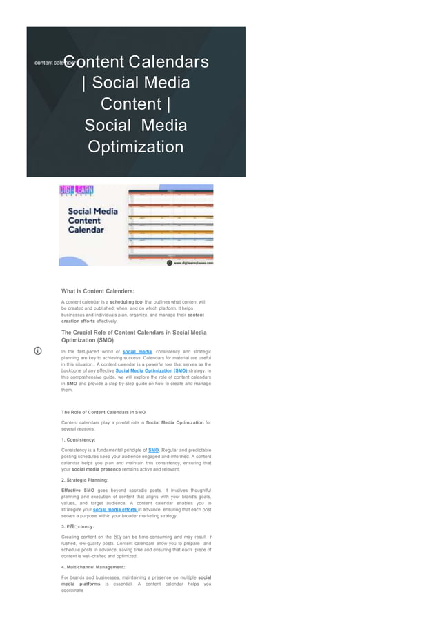 Content Calendars | Social Media Content | Social Media Optimization | PDF