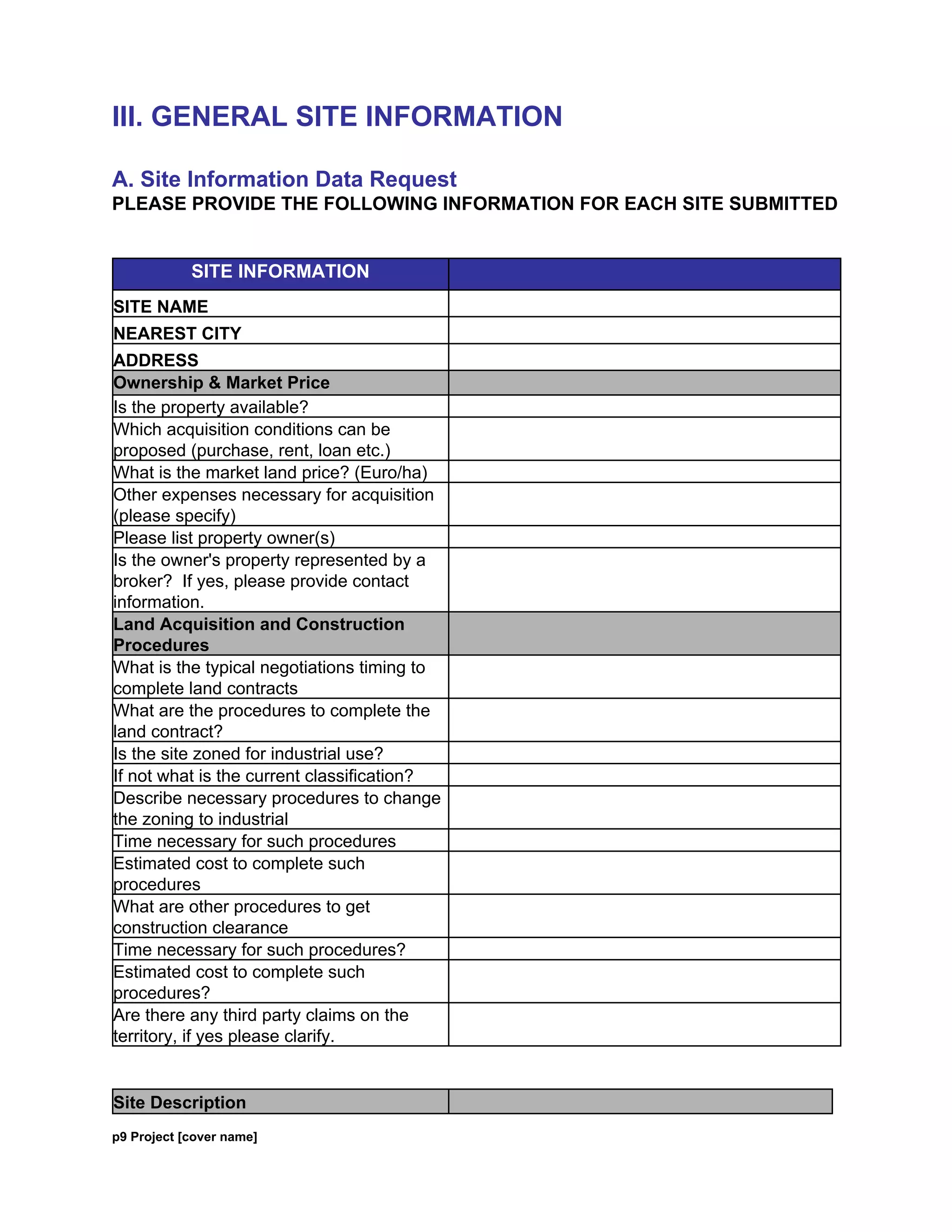 Site selection questionnaire | PDF