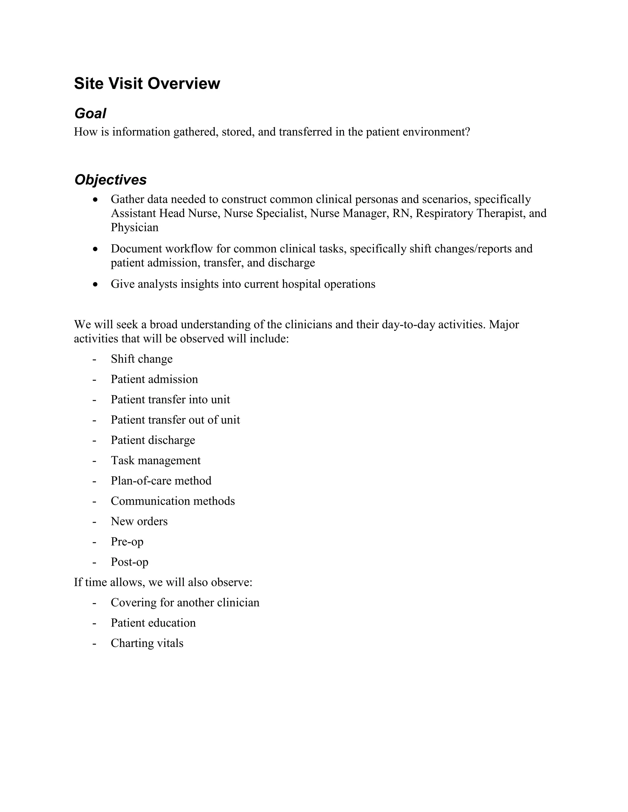 Hospital site visit plan | PDF