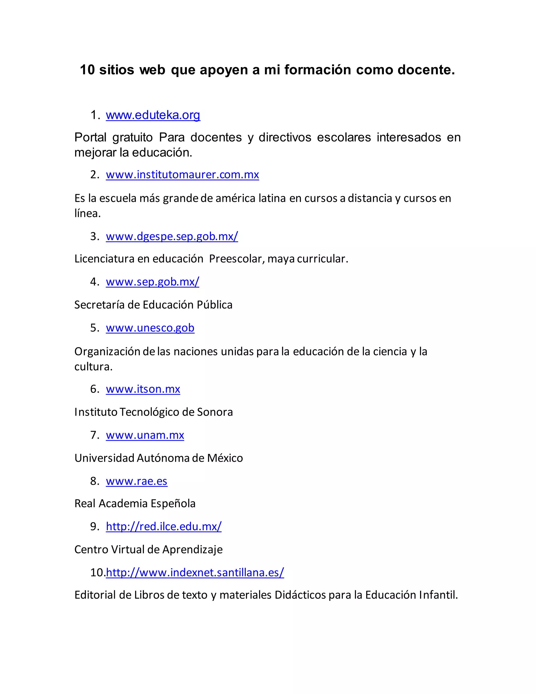 Sitios web que apoyen a mi formación como docente. | DOCX