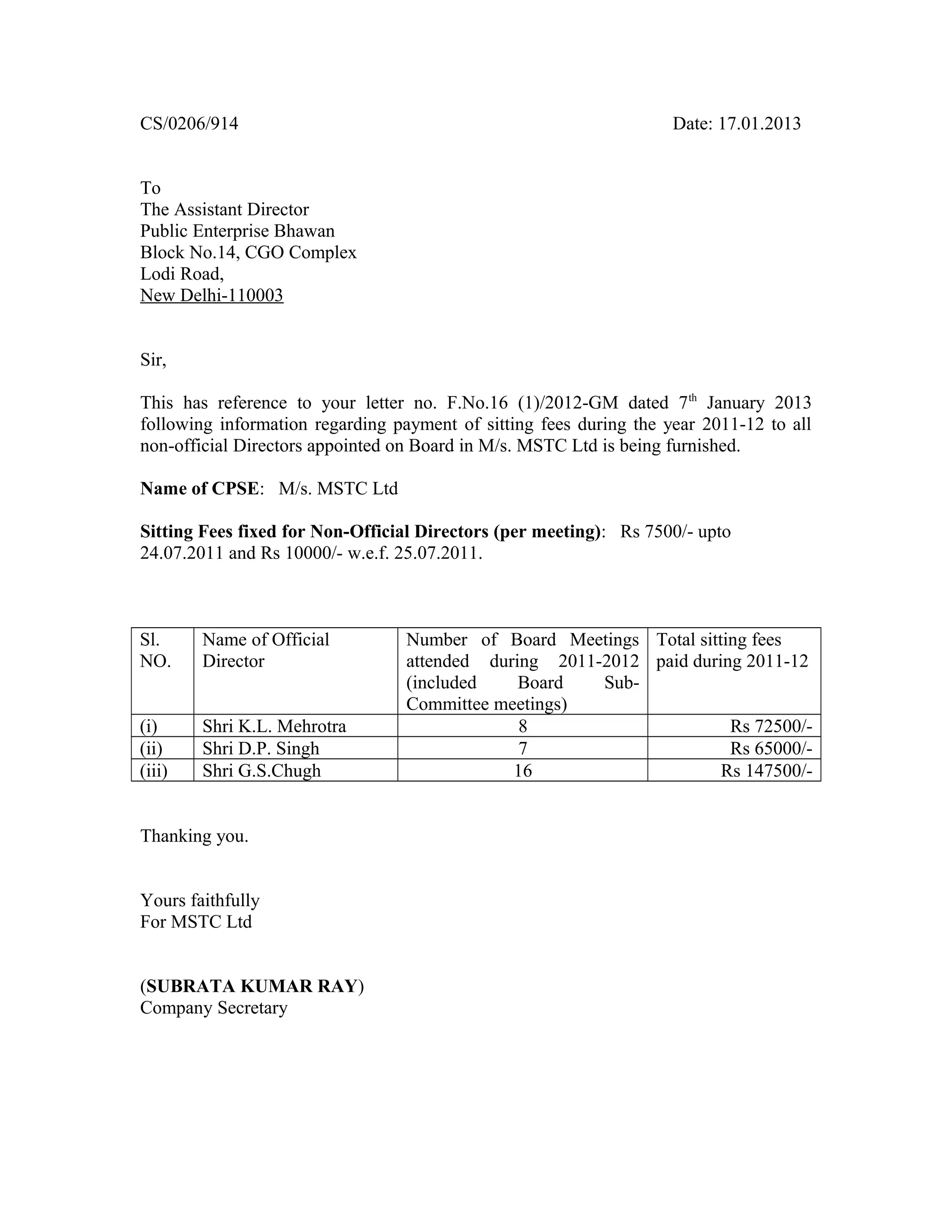 Sitting fees fixed for non official directors | DOC
