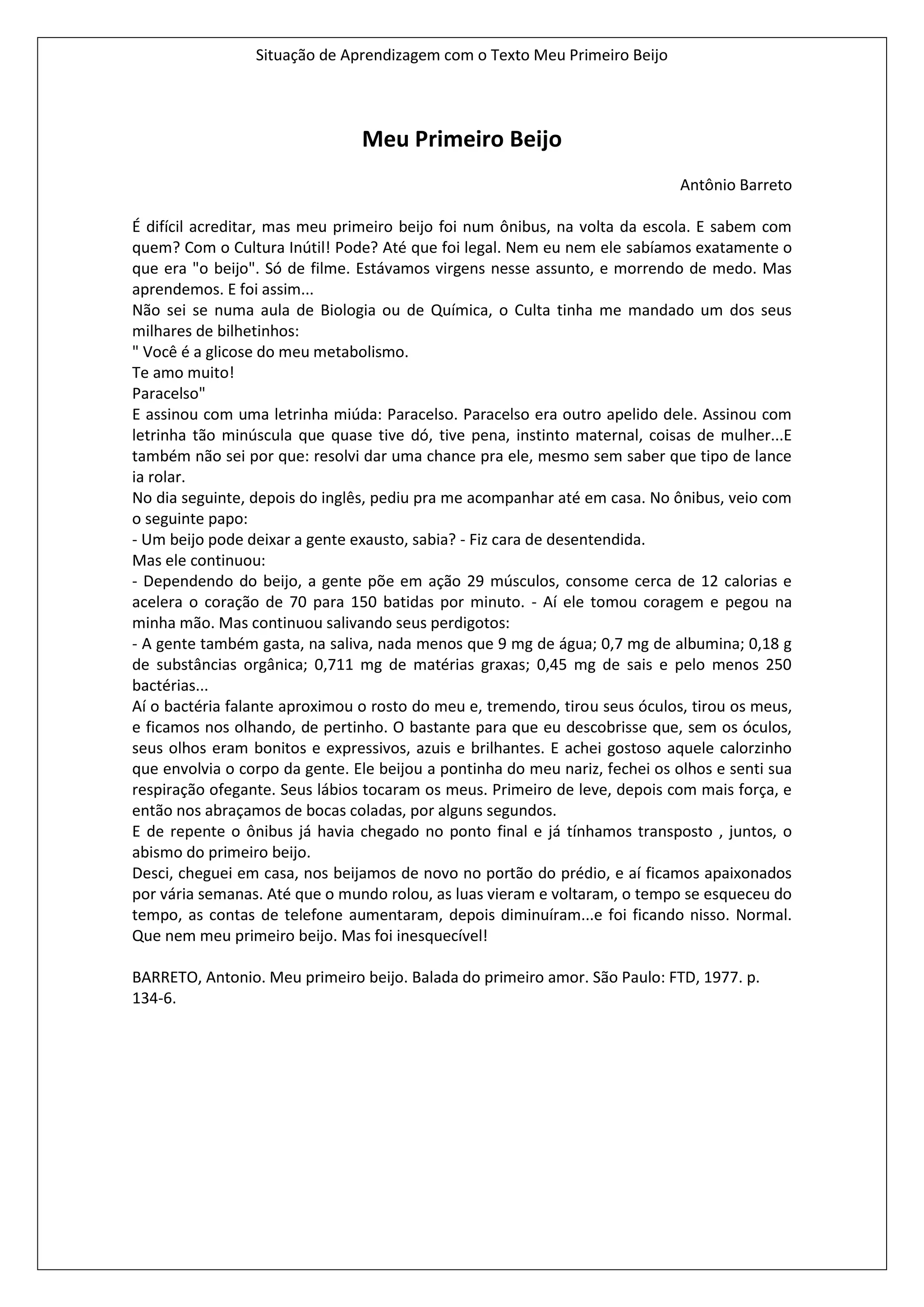 Situação de aprendizagem com o texto meu primeiro beijo | DOCX | Education