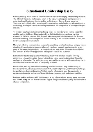 Situational Leadership Essay. The Concept of Situational Leadership ...
