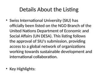 Swiss International University SIU Listed by United Nations DESA | PPT