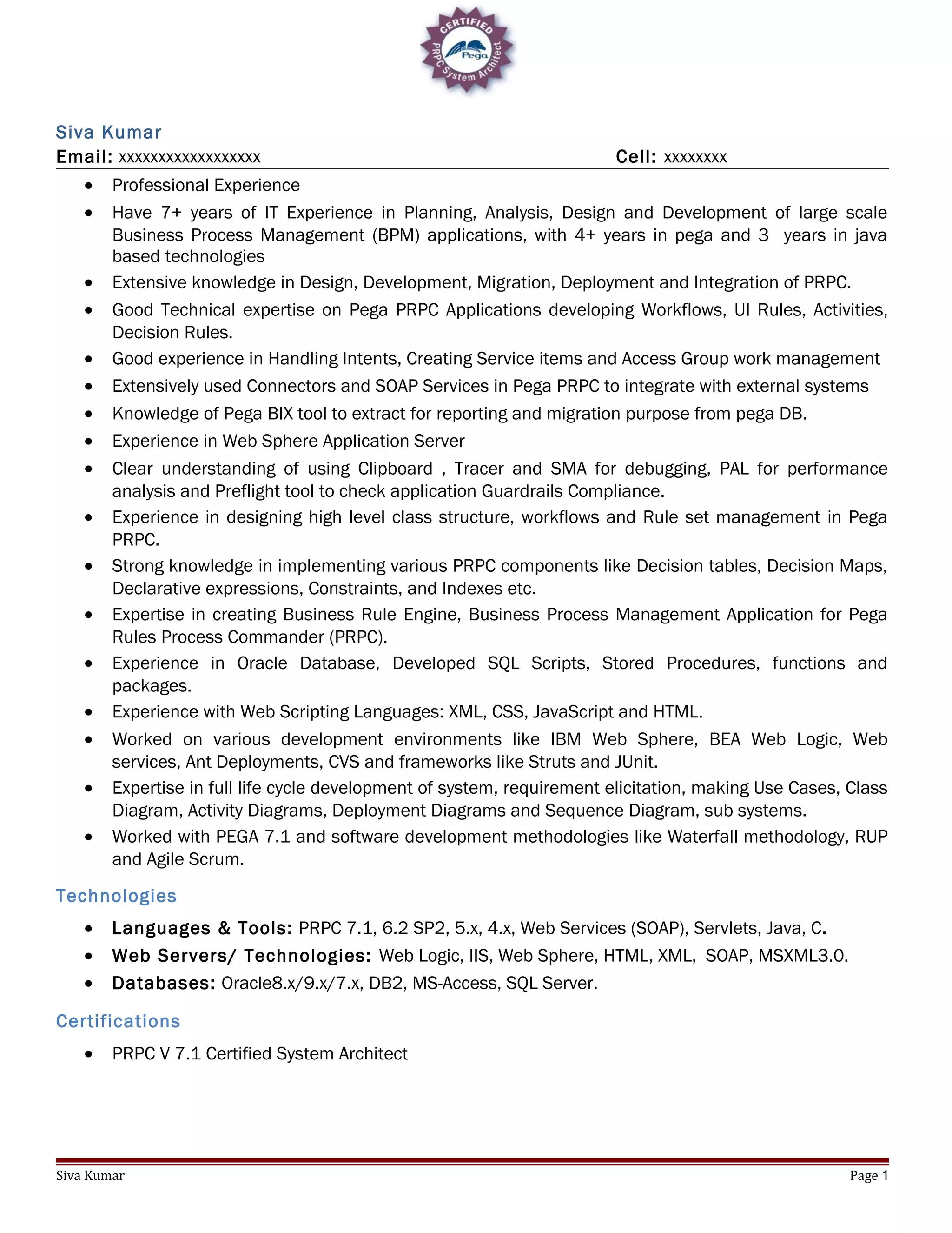 Pega Sample Resume | Pega cssa resumes | DOC