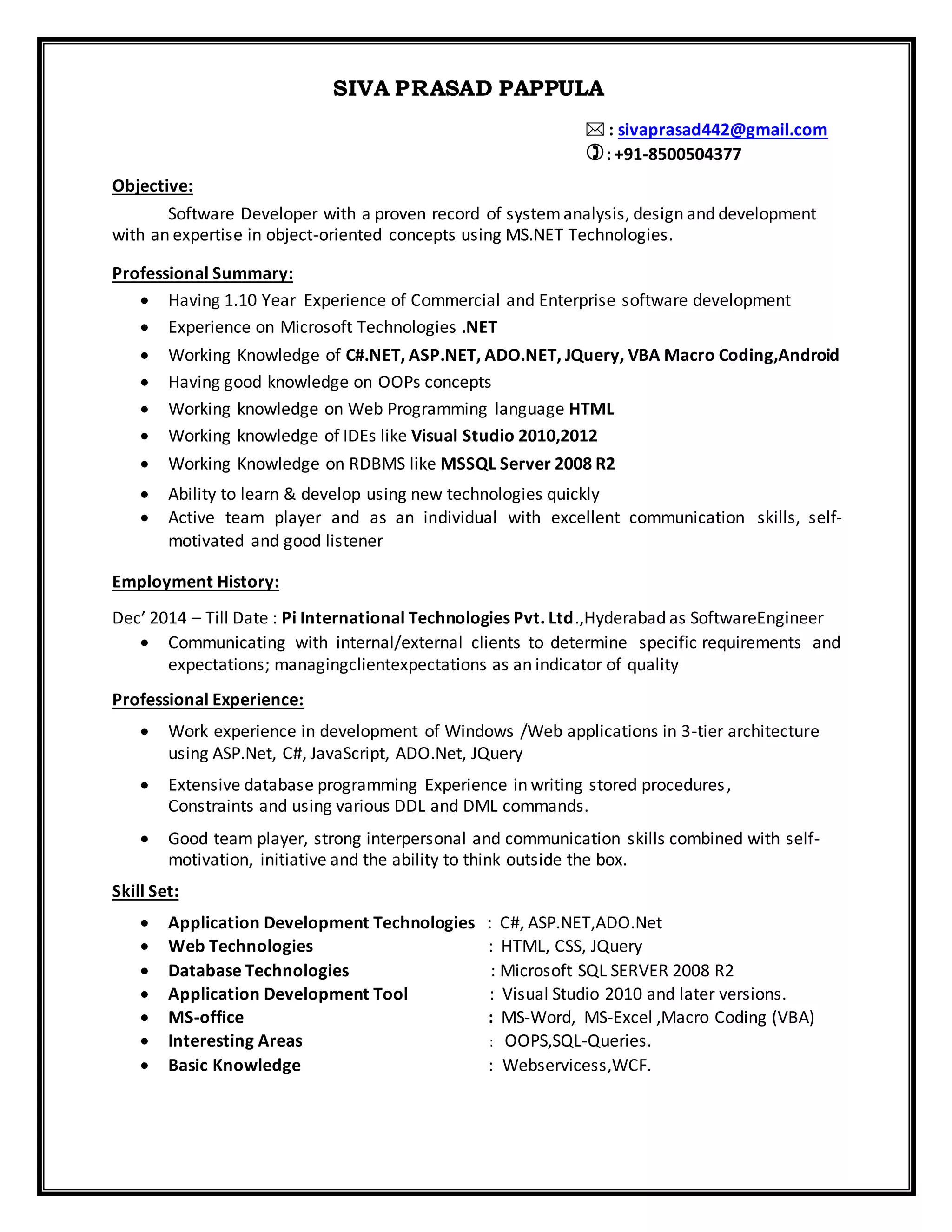 Sivaprasad Pappula Resume | DOCX | Web Development | Internet