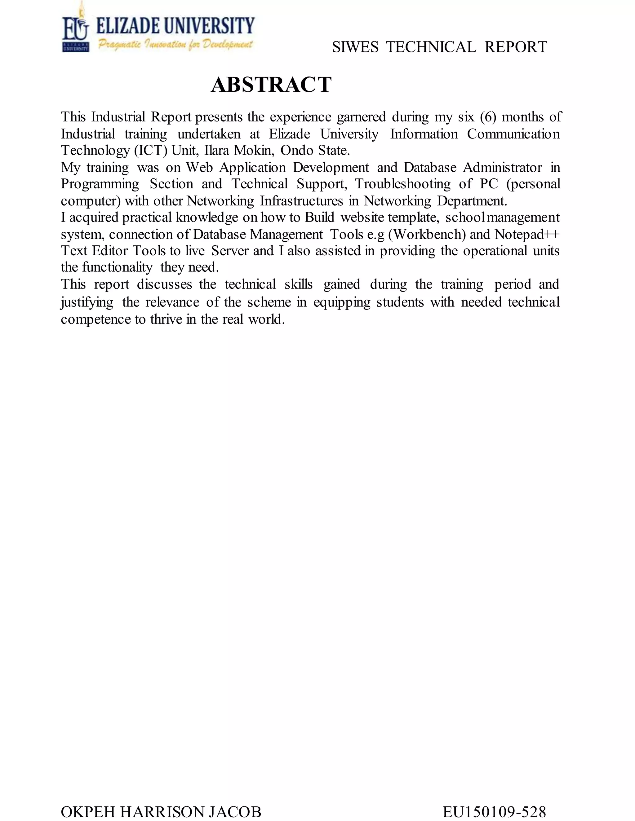 Student Industrial Workshop Experience Scheme (SIWES) Report | DOCX