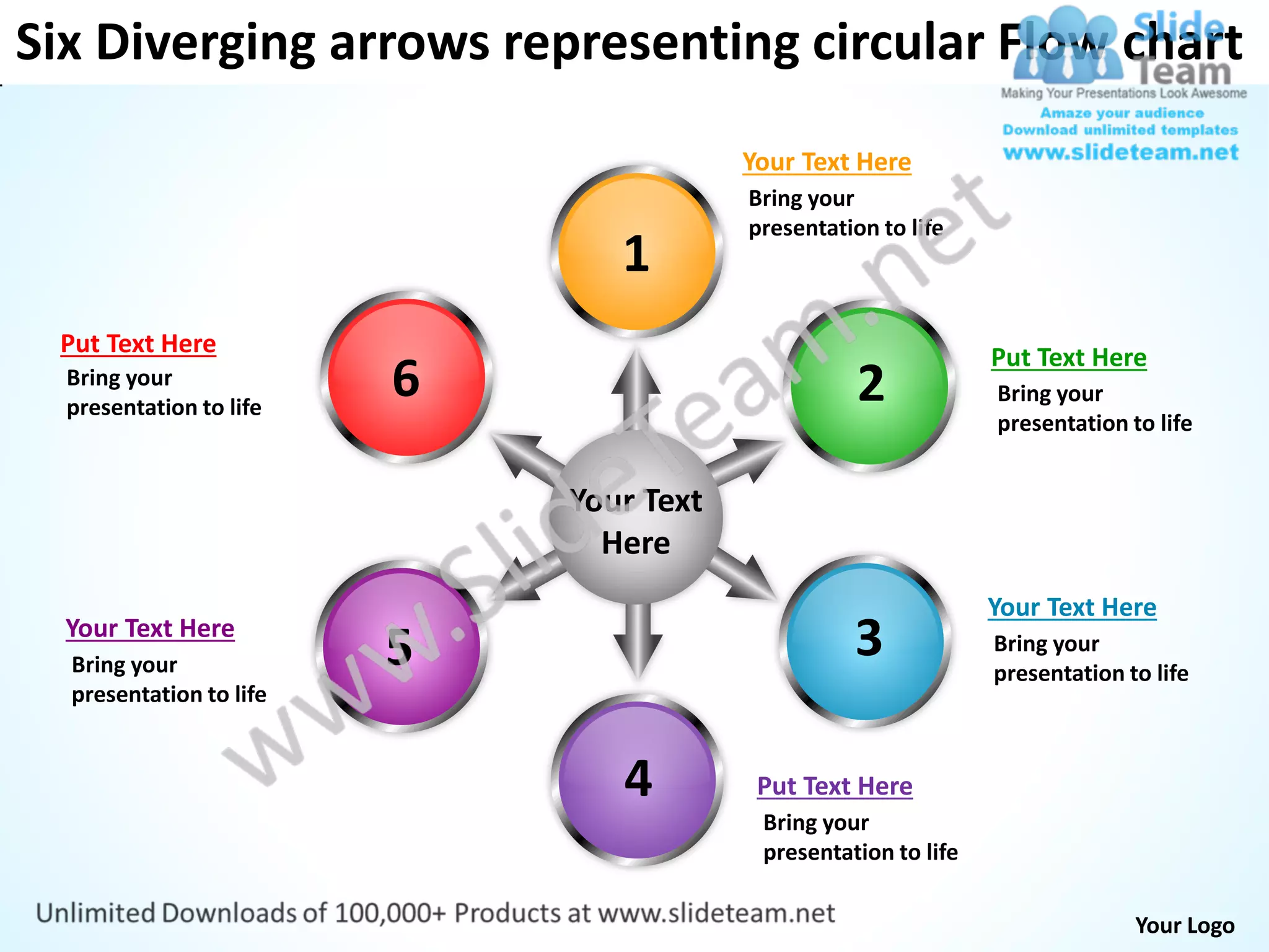 Six diverging arrows representing circular flow chart power point slides | PPT
