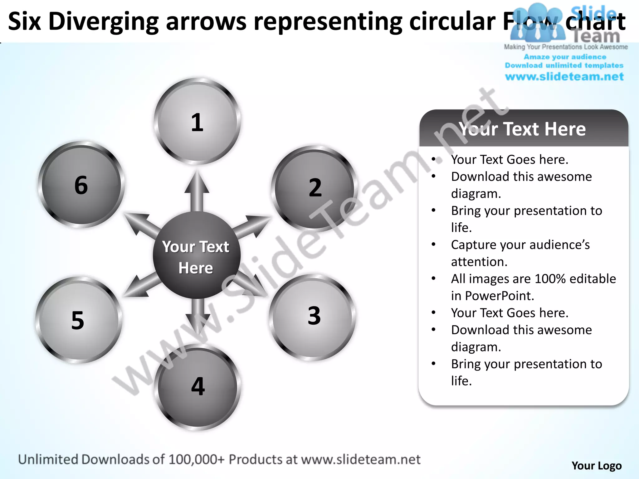 Six diverging arrows representing circular flow chart power point slides | PPT