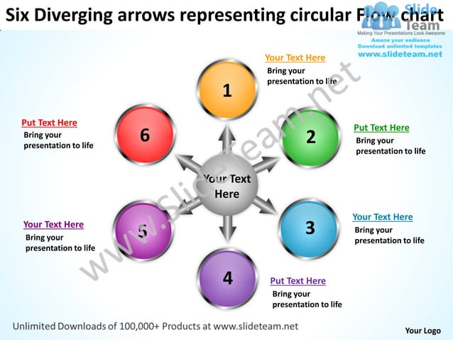 Six diverging arrows representing circular flow chart power point slides | PPT