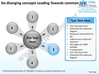 Six diverging concepts leading towards common goal arrows network software power point slides | PDF