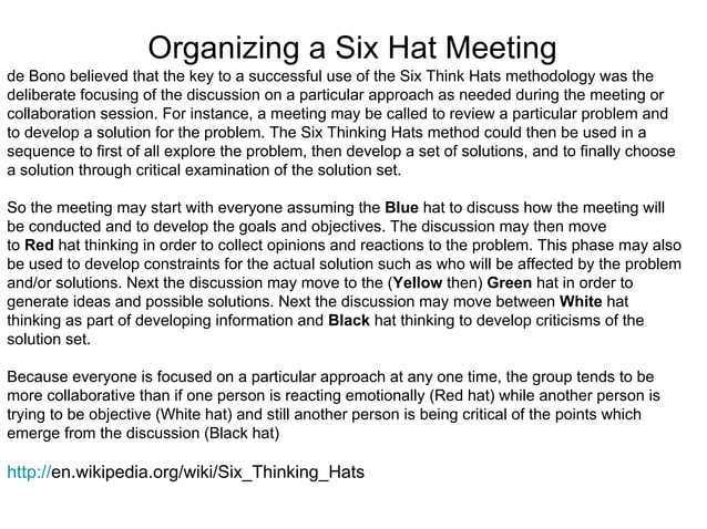 How to Organize a Six Thinking Hats Meeting | PPT | Events