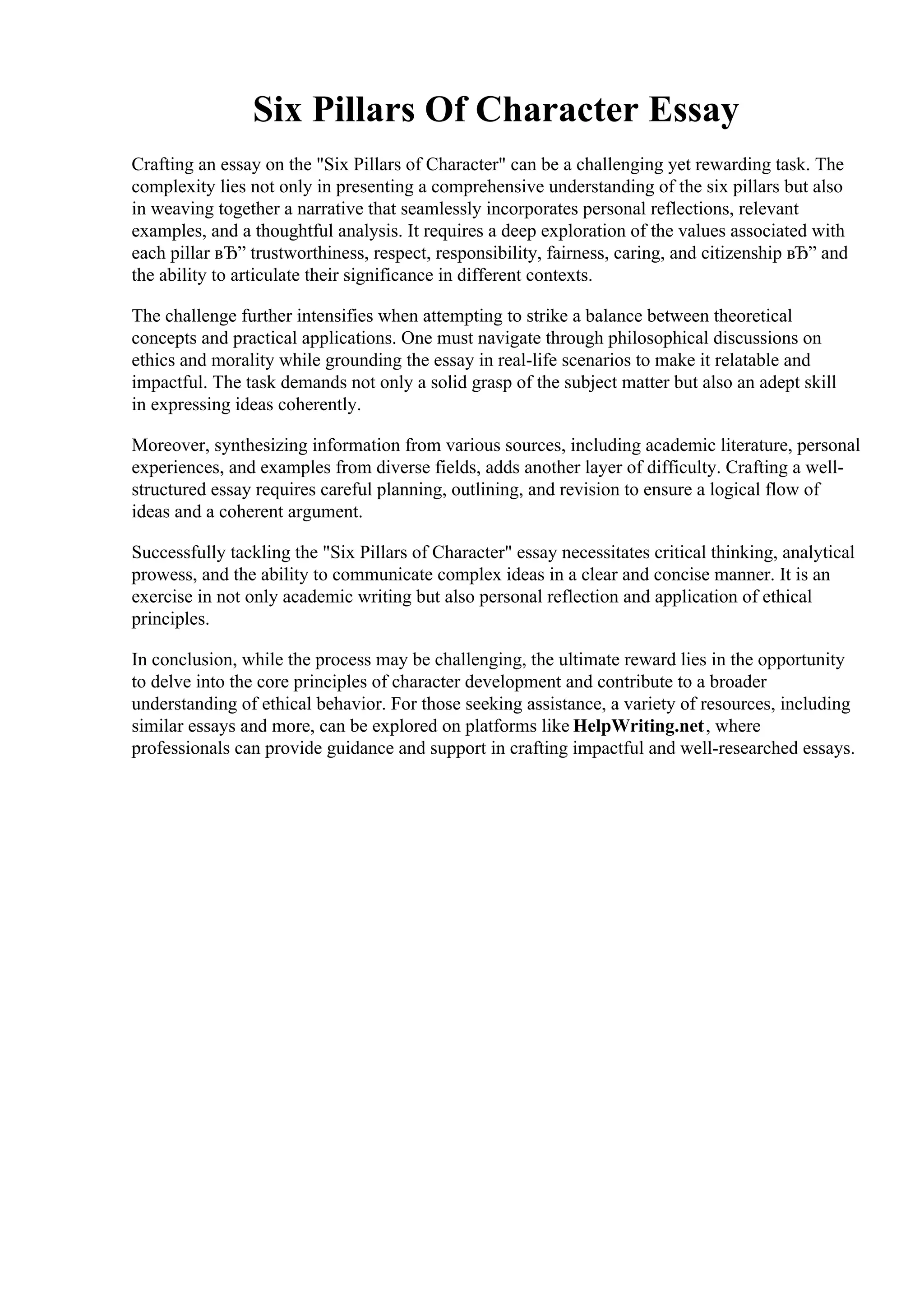 Six Pillars Of Character Essay. Curriculum / Six Pillars of Character ...