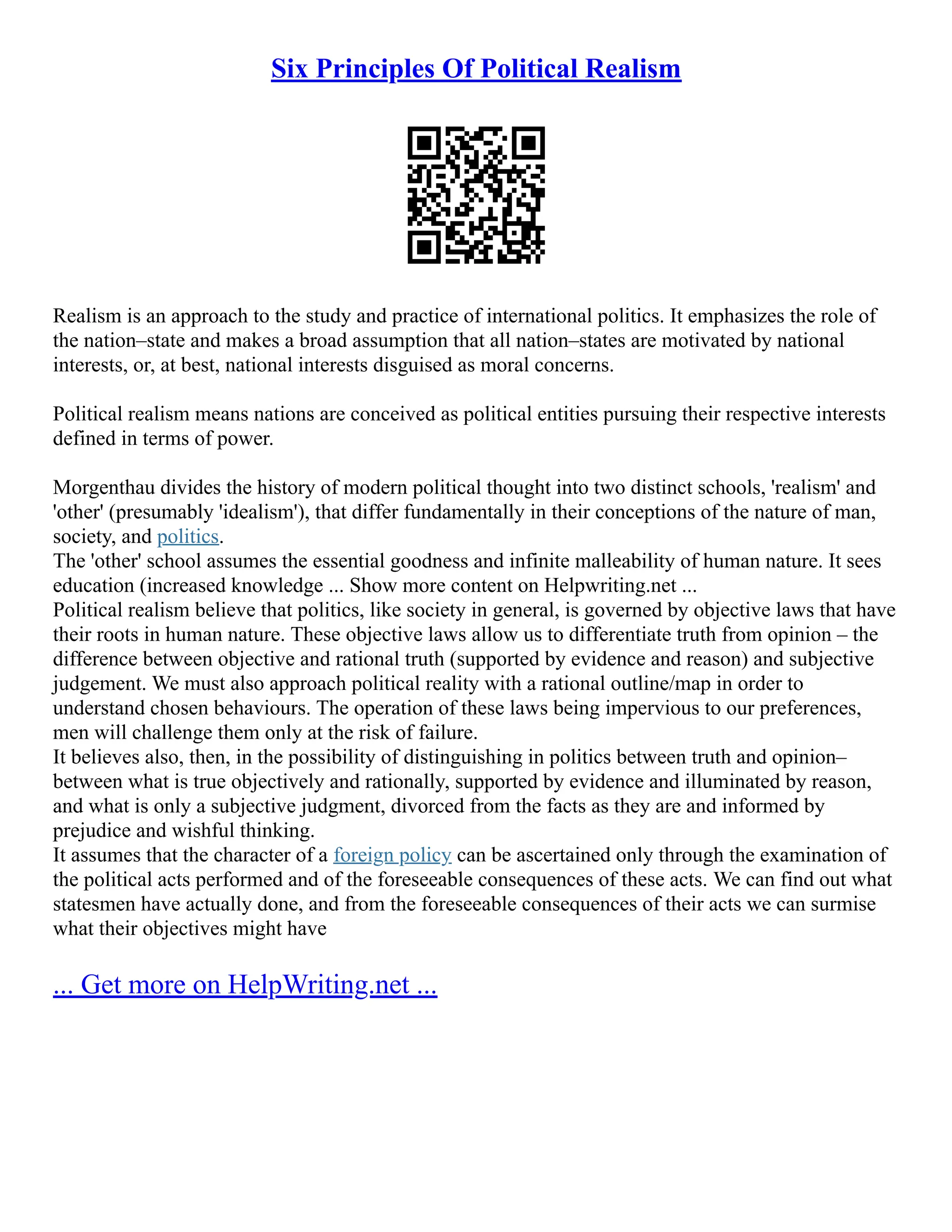 Six Principles Of Political Realism | PDF