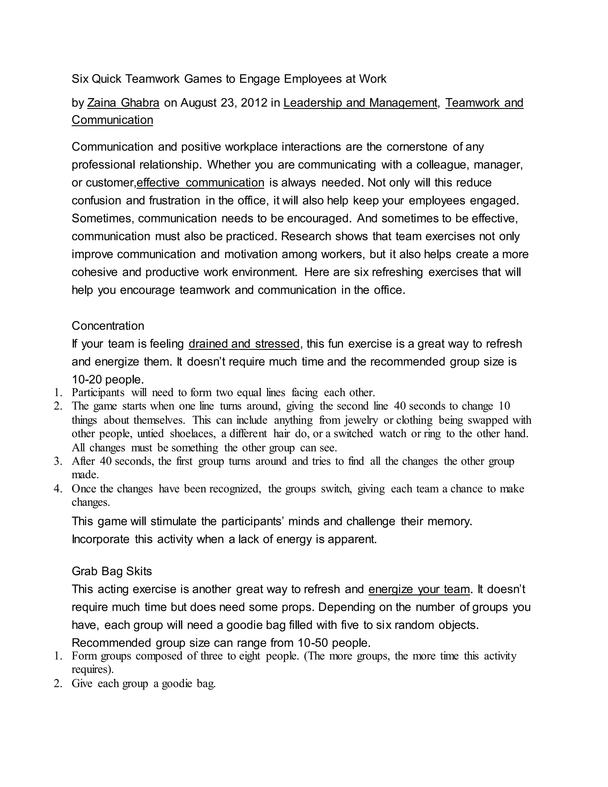 Six quick teamwork games to engage employees at work | DOCX