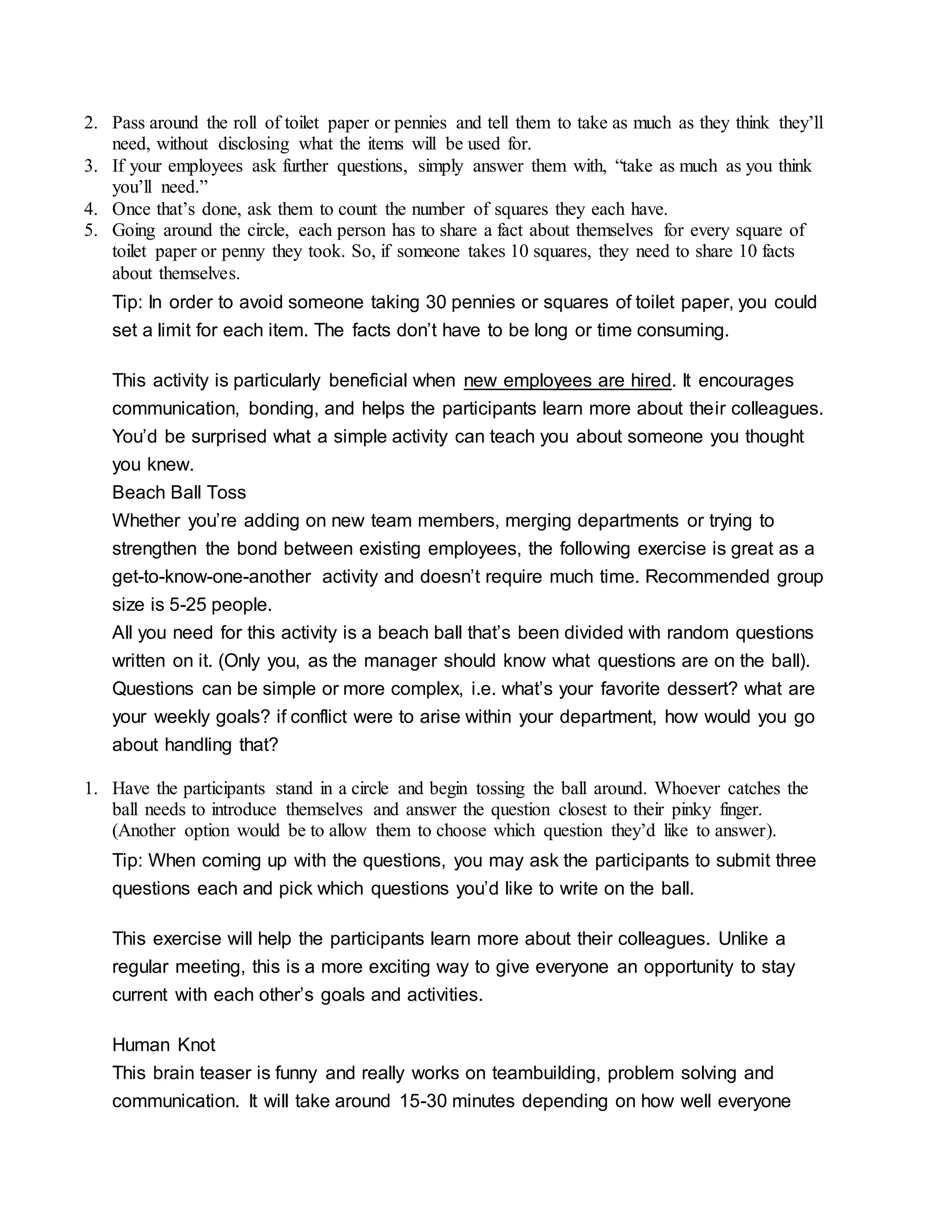 Six quick teamwork games to engage employees at work | DOCX