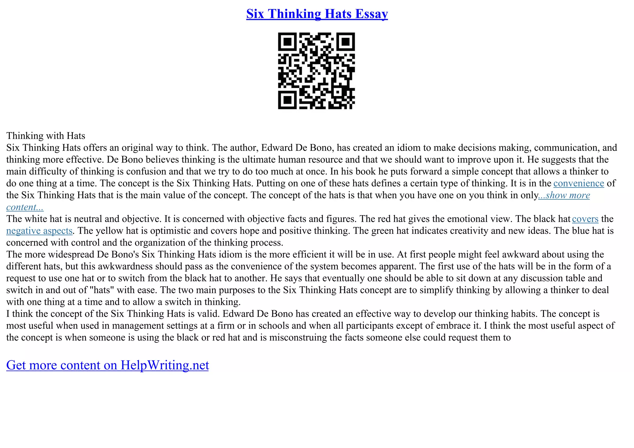 Six Thinking Hats Essay | PDF