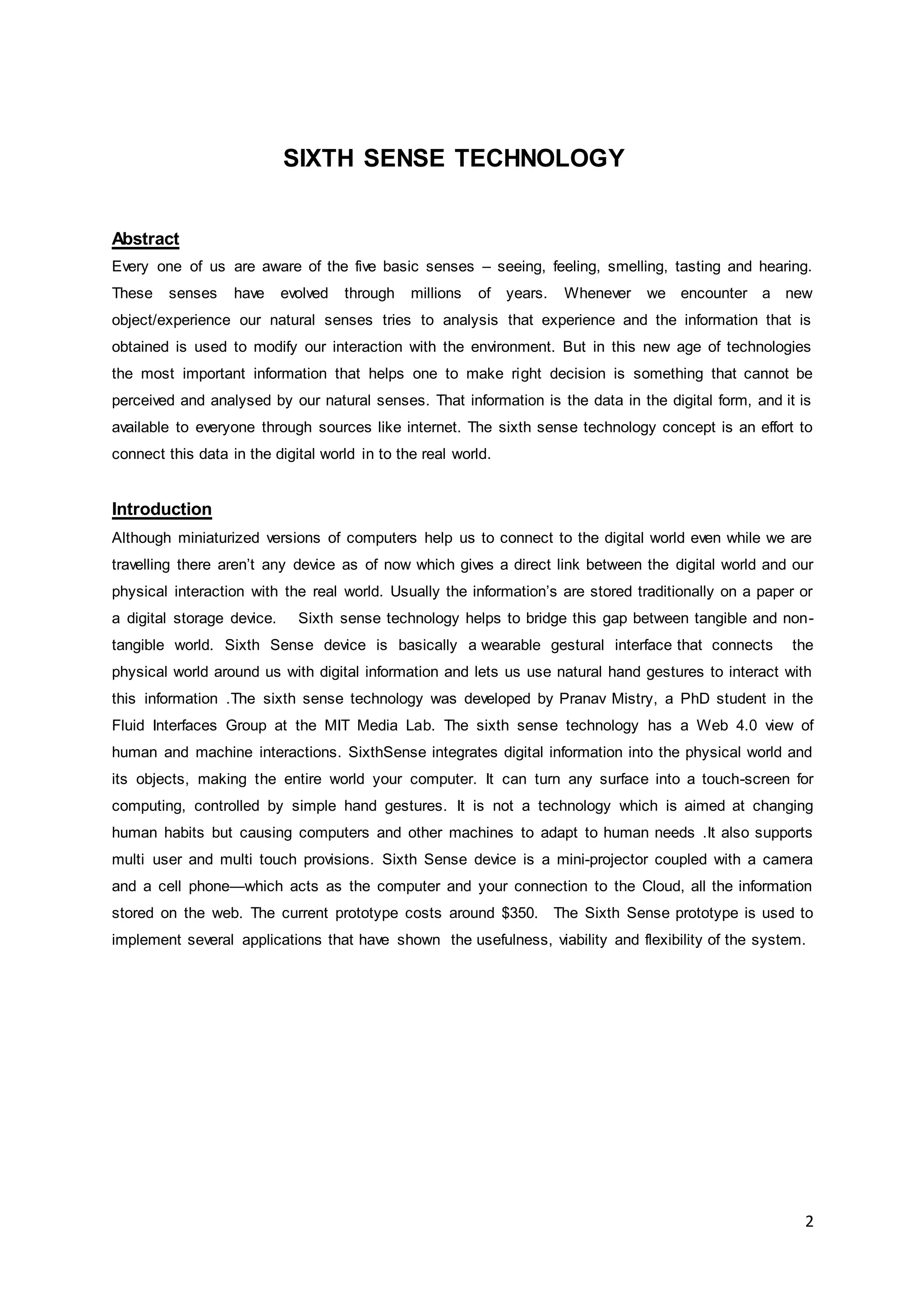 Sixth sense technology | DOCX