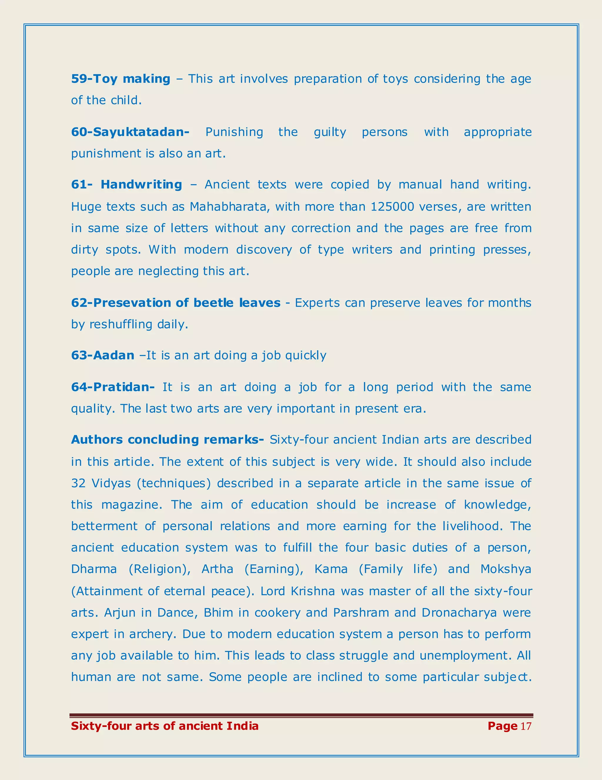 Sixty four arts of ancient india | PDF