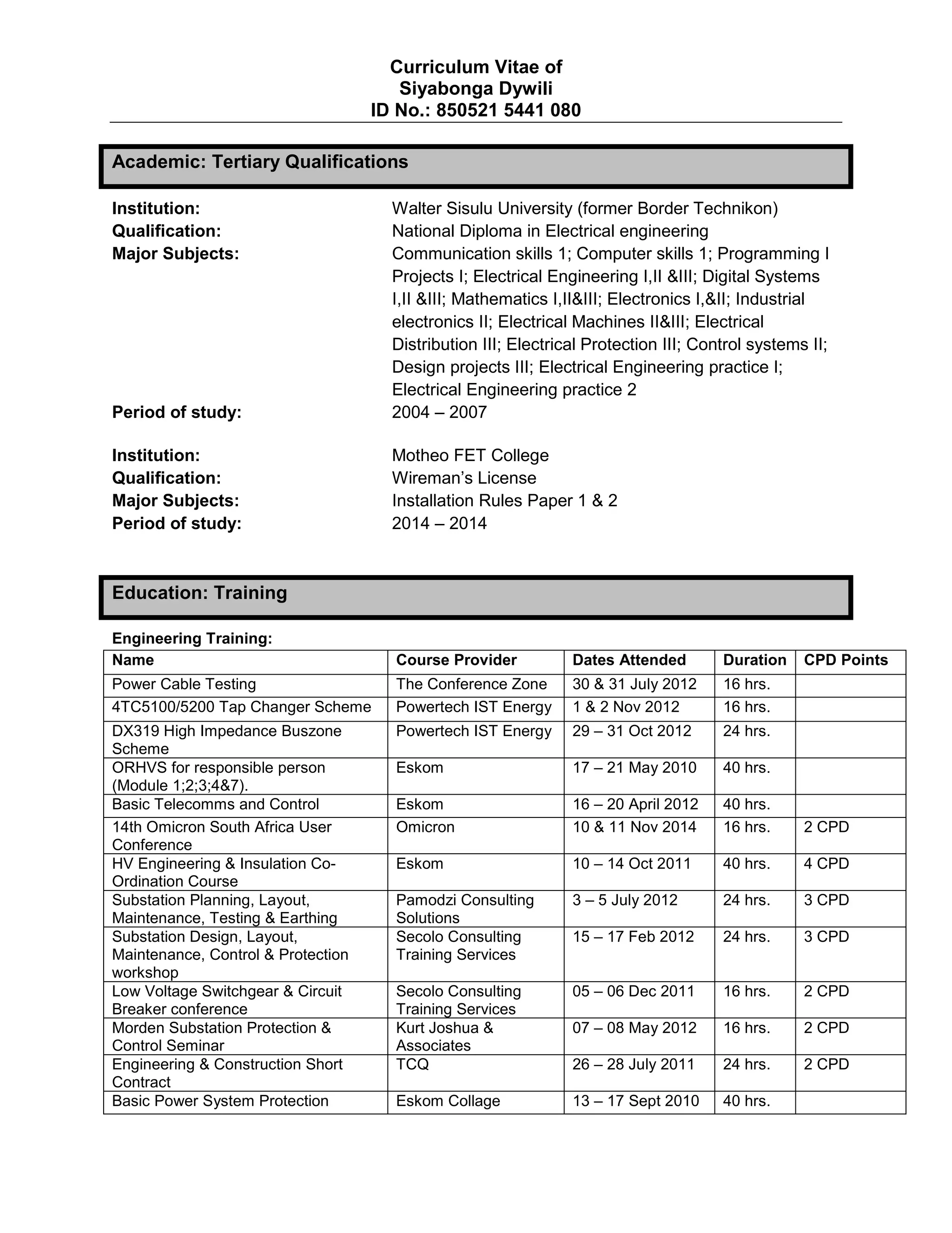 Siyabonga Dywili Detailed CV | PDF