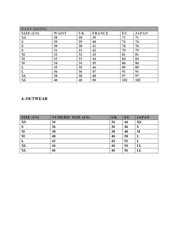 Size chart j crew | PDF