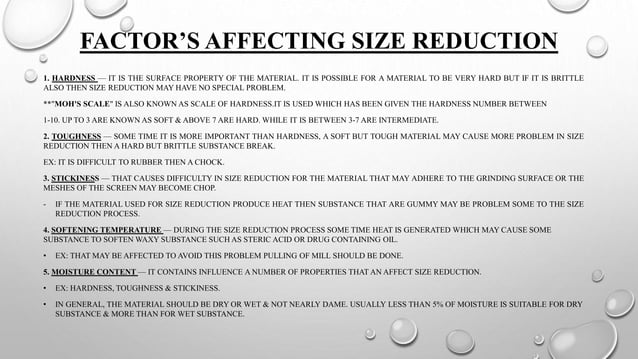 SIZE REDUCTION AND FACTORS AFFECTING SIZE REDUCTION IN PHARMACEUTICAL ...