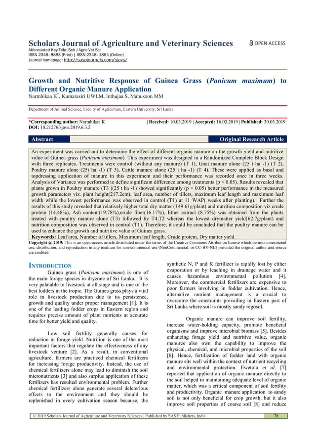 Growth And Nutritive Response Of Guinea Grass Panicum Maximum To Different Organic Manure